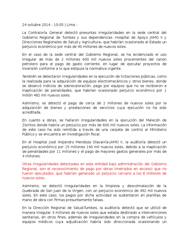 Irregularidades en Tumbes | PDF | Finanzas y dinero