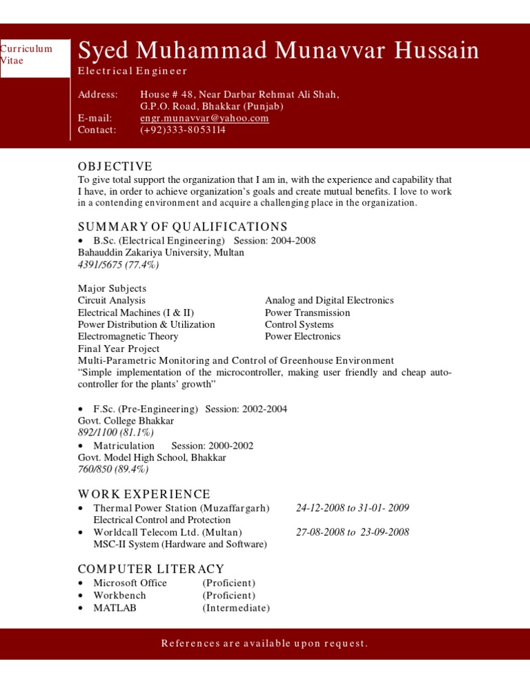 Electrical Engineer CV of Syed Munavvar | PDF