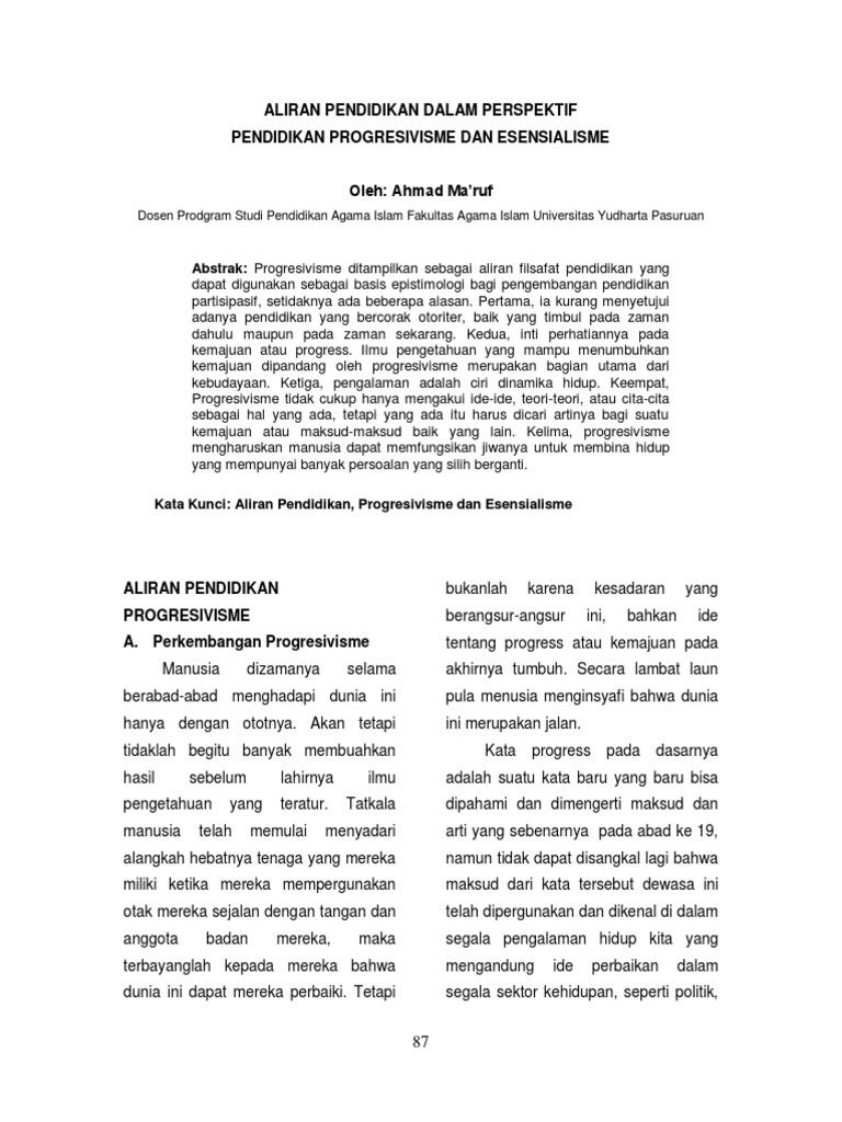 Aliran Pendidikan Dalam Perspektif Pendidikan Progresivisme Dan Esensialisme | PDF