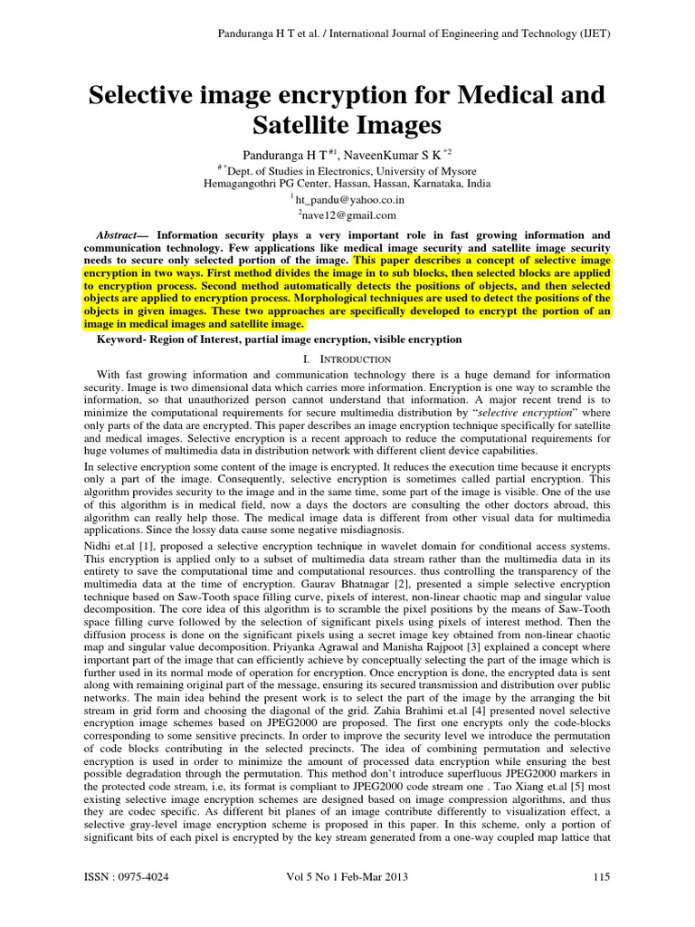 Selective Image Encryption For Medical and Satellite Images: Panduranga H T, Naveenkumar S K ...