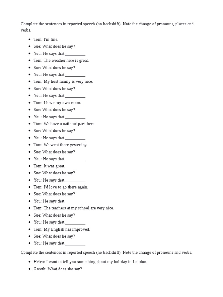 Reported Speech Exercises For Class 7