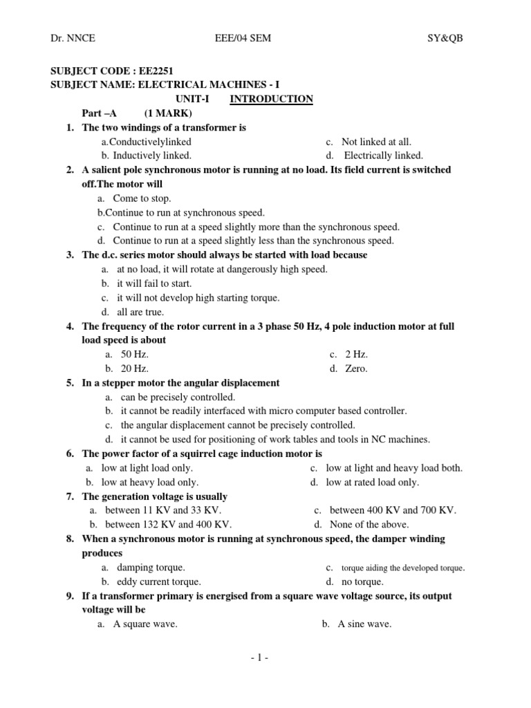 Exam... Electrical Machnes-I | PDF | Transformer | Inductor