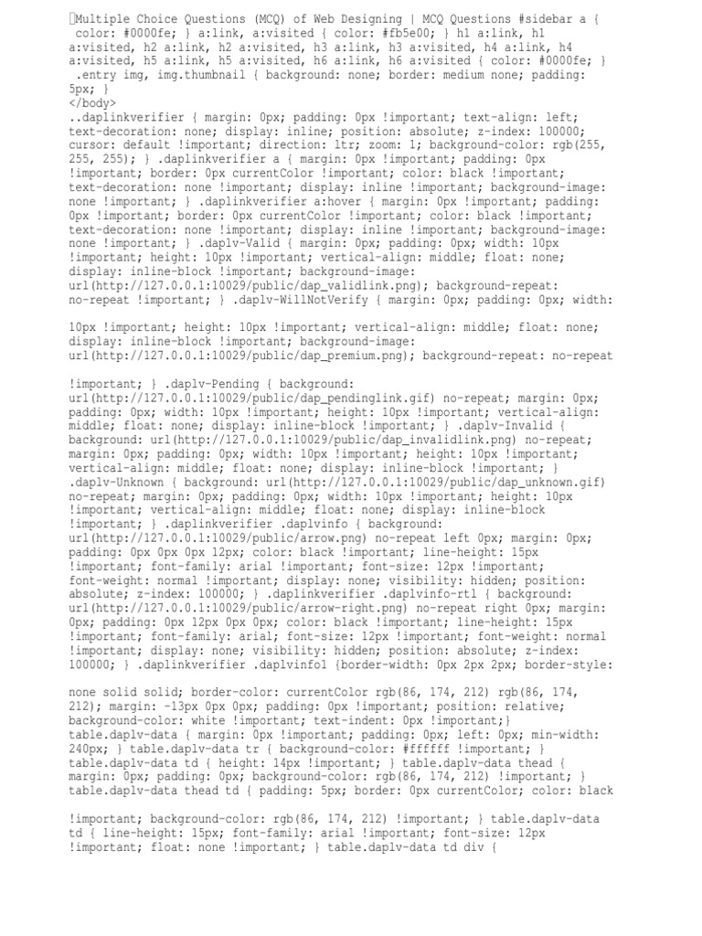 Web Designing MCQs with Answers | PDF | Web Page | Cascading Style Sheets