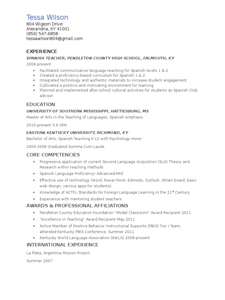 Spanish Teacher Resume of Tessa Wilson | PDF | Foreign Language Studies ...