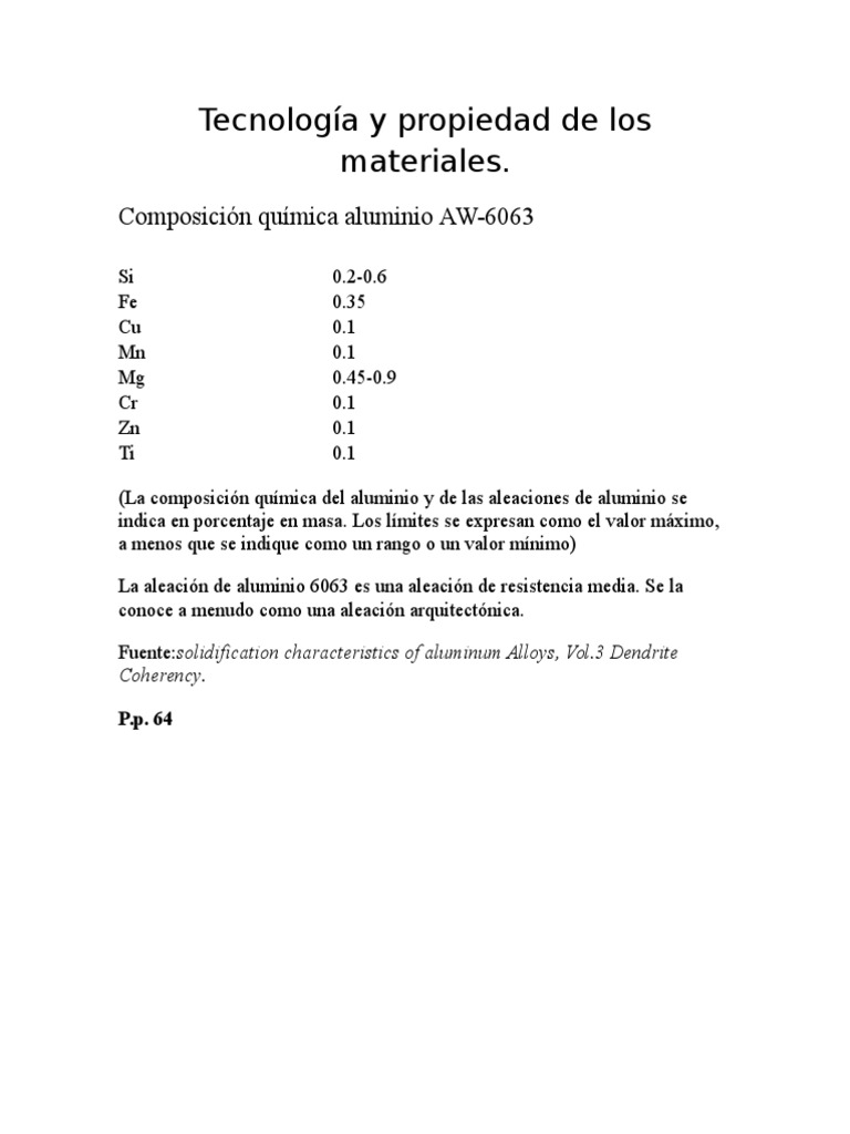 Composición química del aluminio 6063 | PDF