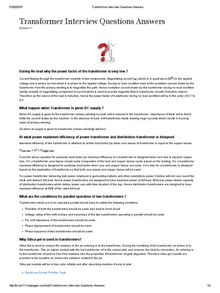 Transformer Interview Questions Answers | PDF | Transformer | Electric Current