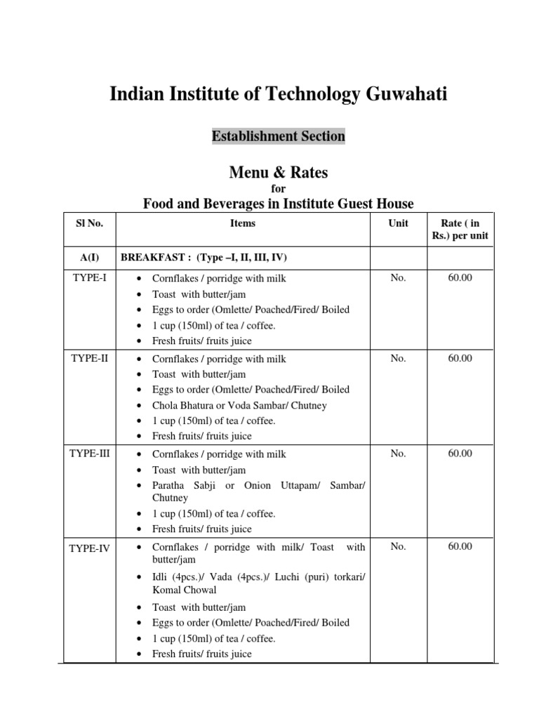 IIT Guwahati Guest House Menu & Rates | PDF