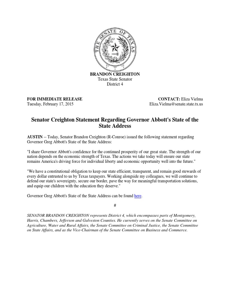 Senator Creighton Statement Regarding Governor Abbott's State of The ...