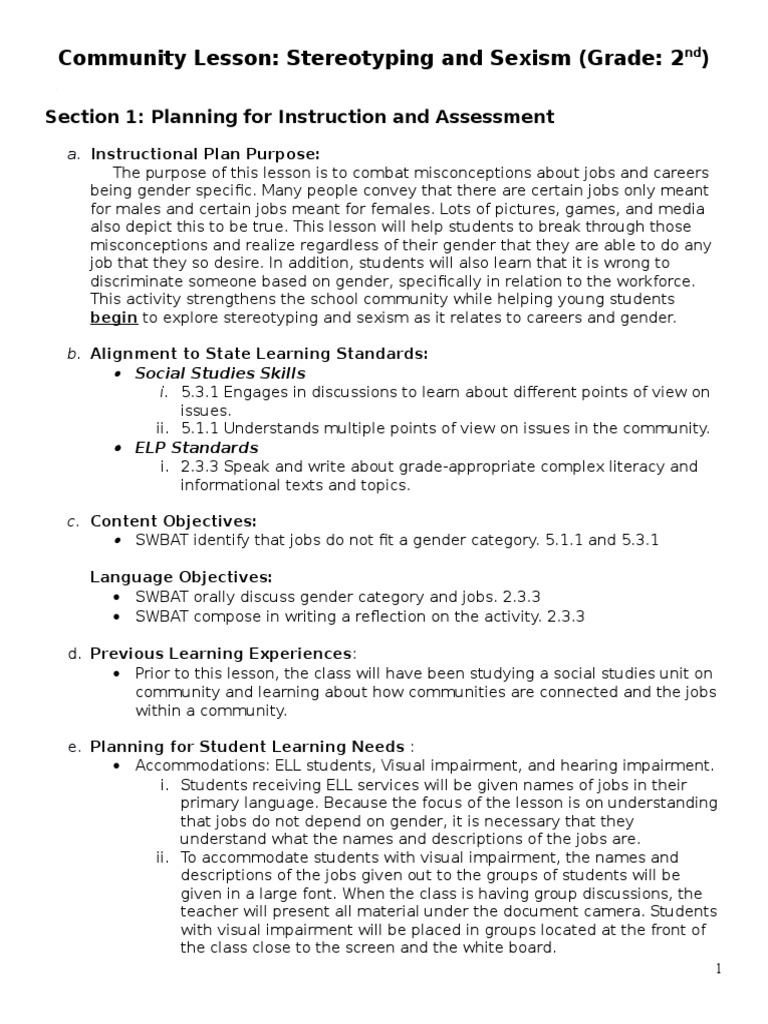 Community Lesson: Stereotyping and Sexism (Grade: 2) : Section 1 ...
