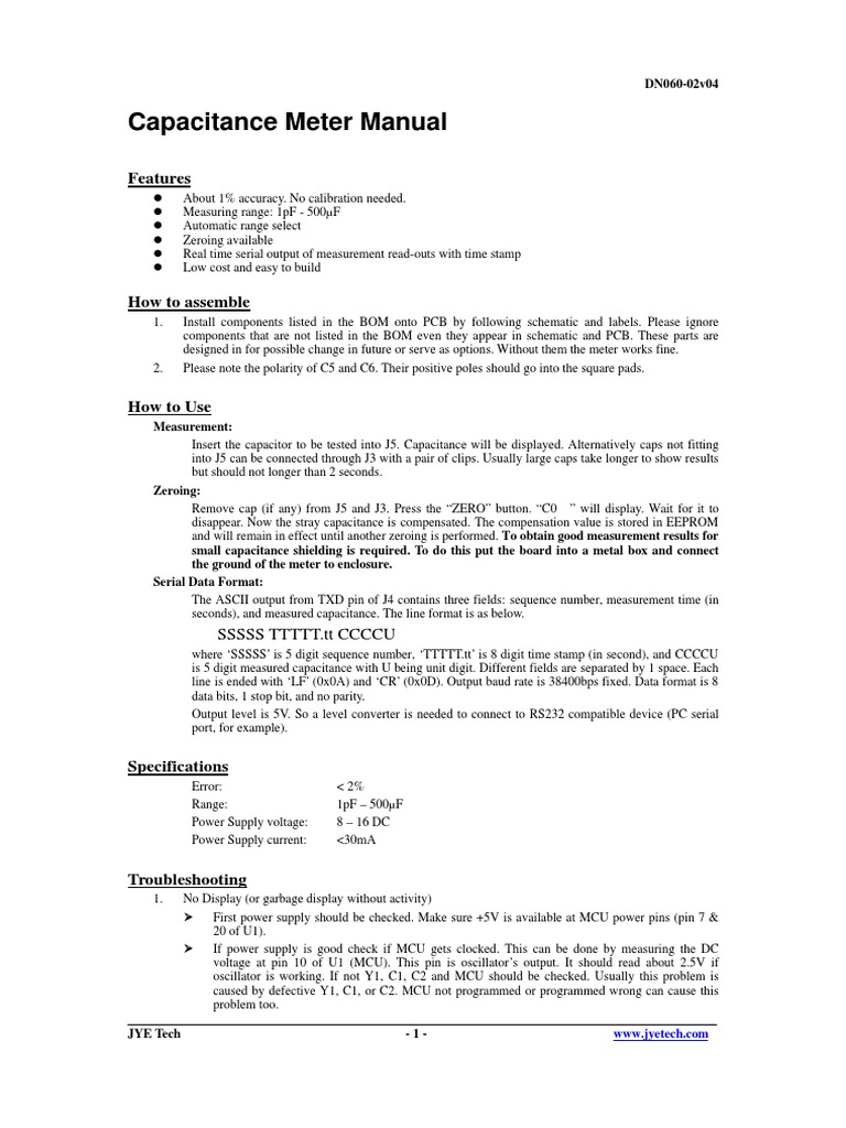 Capacitance Meter Manual | PDF | Capacitor | Power Supply