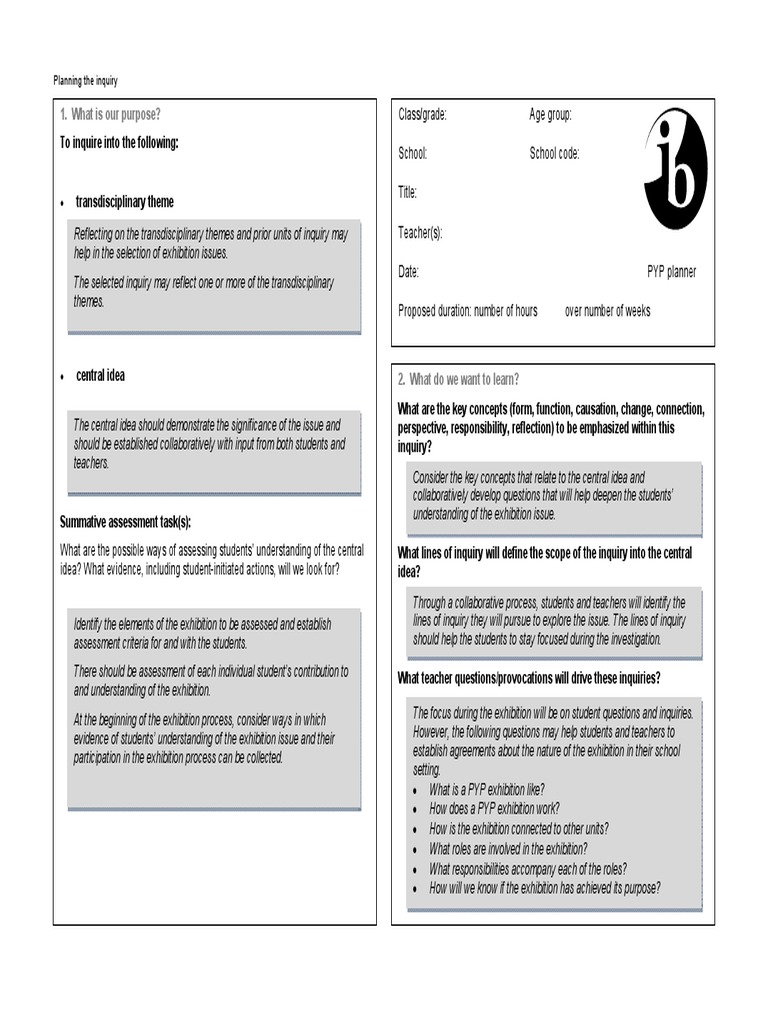 Pyp Exhibition Planner Template Ib-1 | PDF | Educational Assessment ...