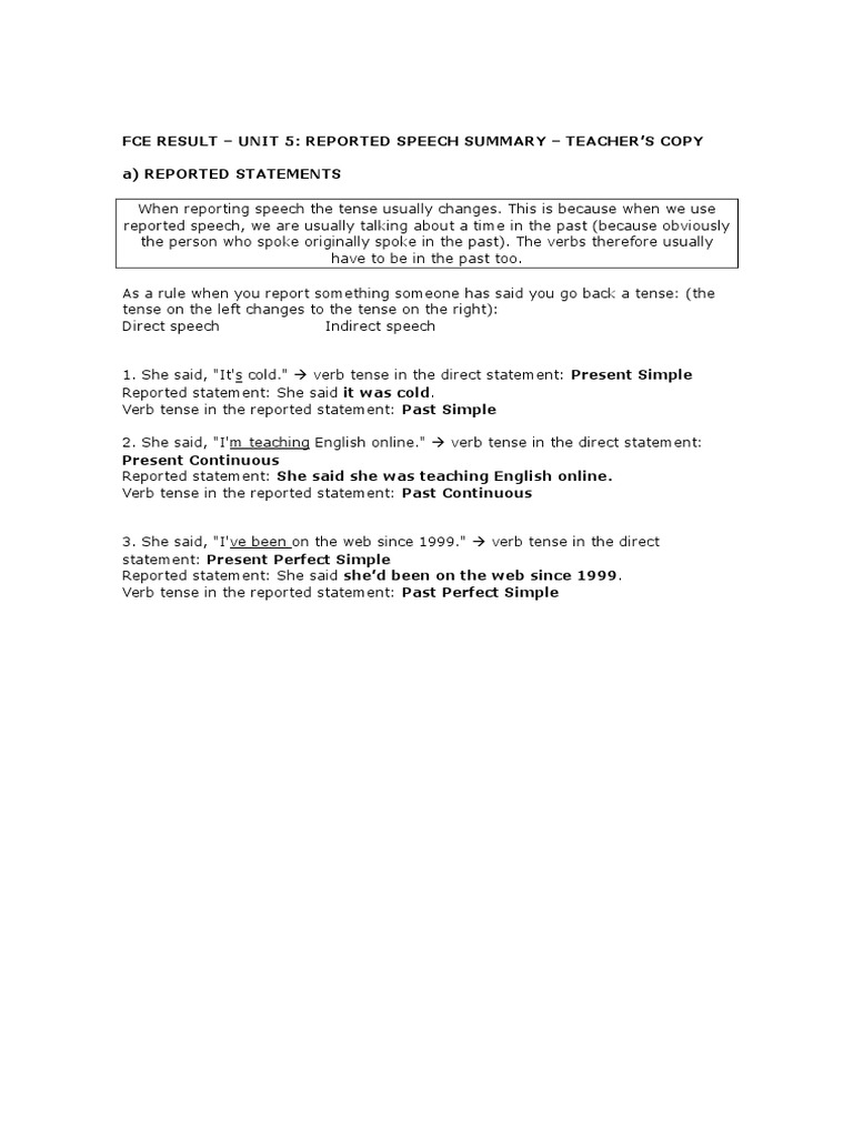 Reported Speech Teaching Guide | PDF | Perfect (Grammar) | Grammatical ...