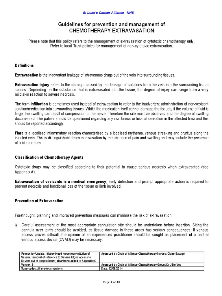 Chemotherapy Extravasation Guidelines V8 6.14 | PDF | Intravenous ...