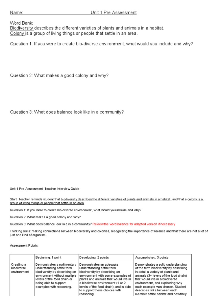 5th Grade Unit 1 Pre-Assessment | PDF | Biodiversity | Cognition