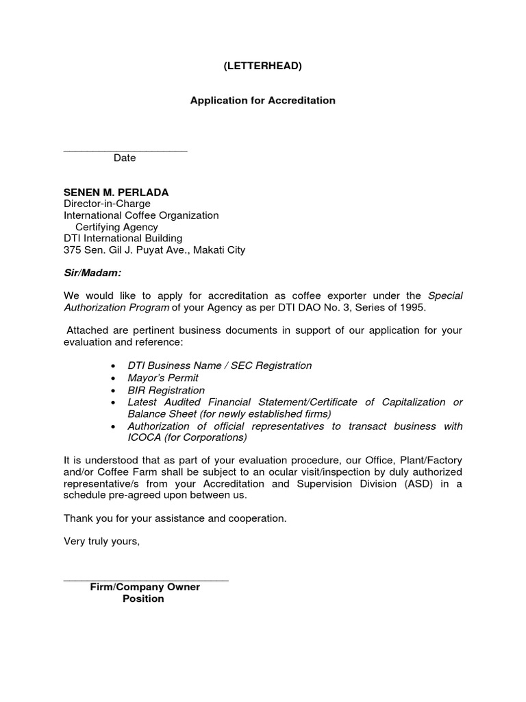 Sample Form Letter For Application of Accreditation | PDF
