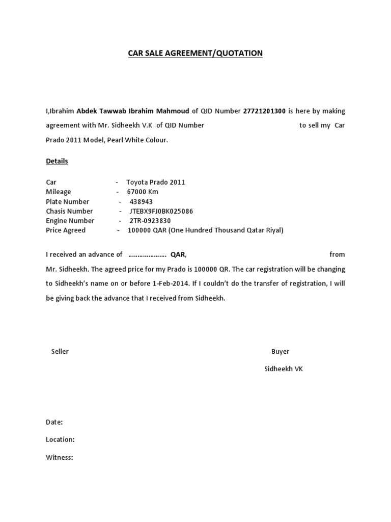 Car Sale Agreement for Toyota Prado | PDF | Law
