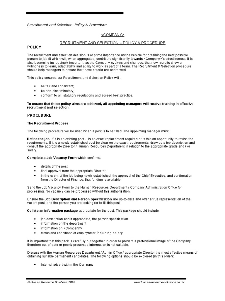 Recruitment & Selection Policy Manual | PDF | Recruitment | Policy