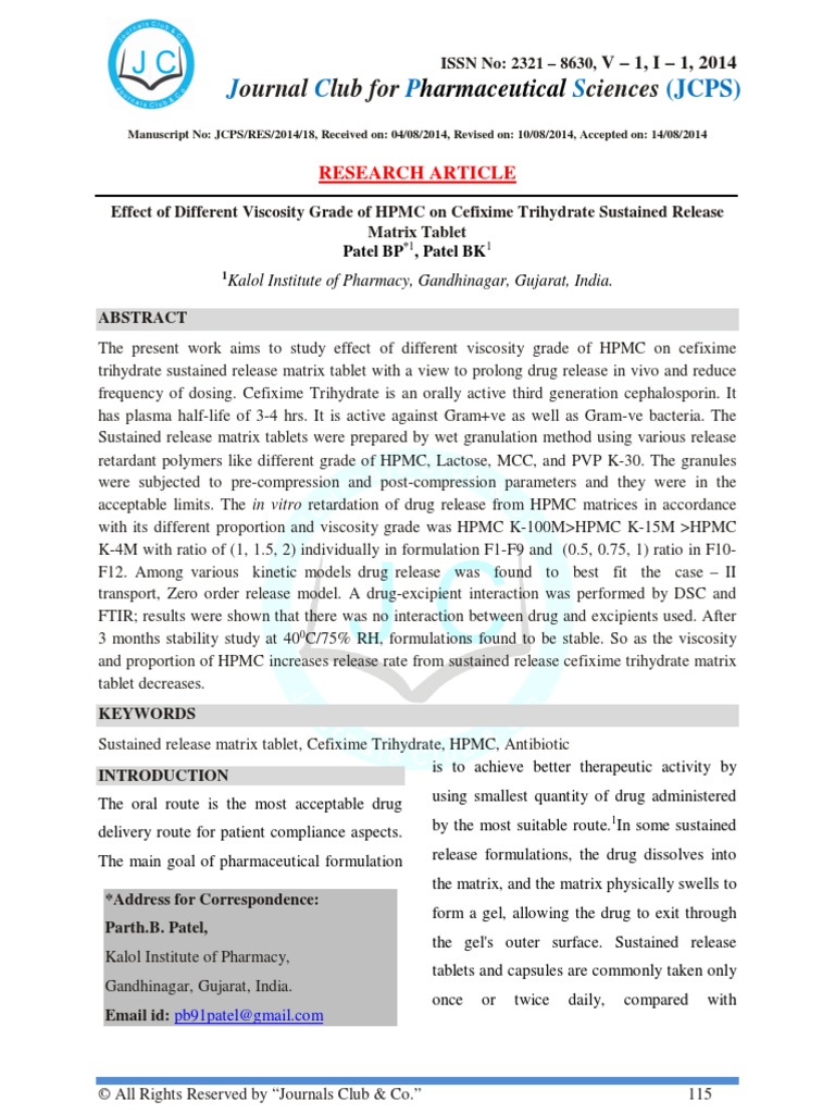 Effect of Different Viscosity Grade of HPMC On Cefixime Trihydrate Sustained Release Matrix ...