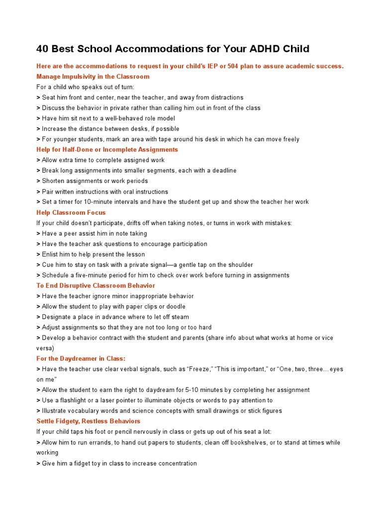 40 Best School Accommodations For Your ADHD Child | PDF | Homework ...