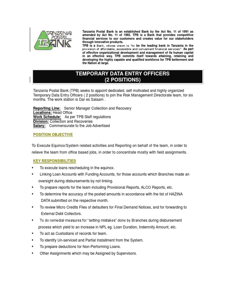 Advert Temporary Data Entry Officers January 2016 | PDF | Banks | Loans
