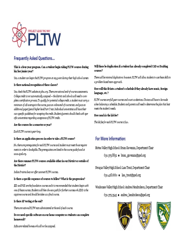 PLTW Course Enrollment FAQs | PDF | Secondary School | Course Credit