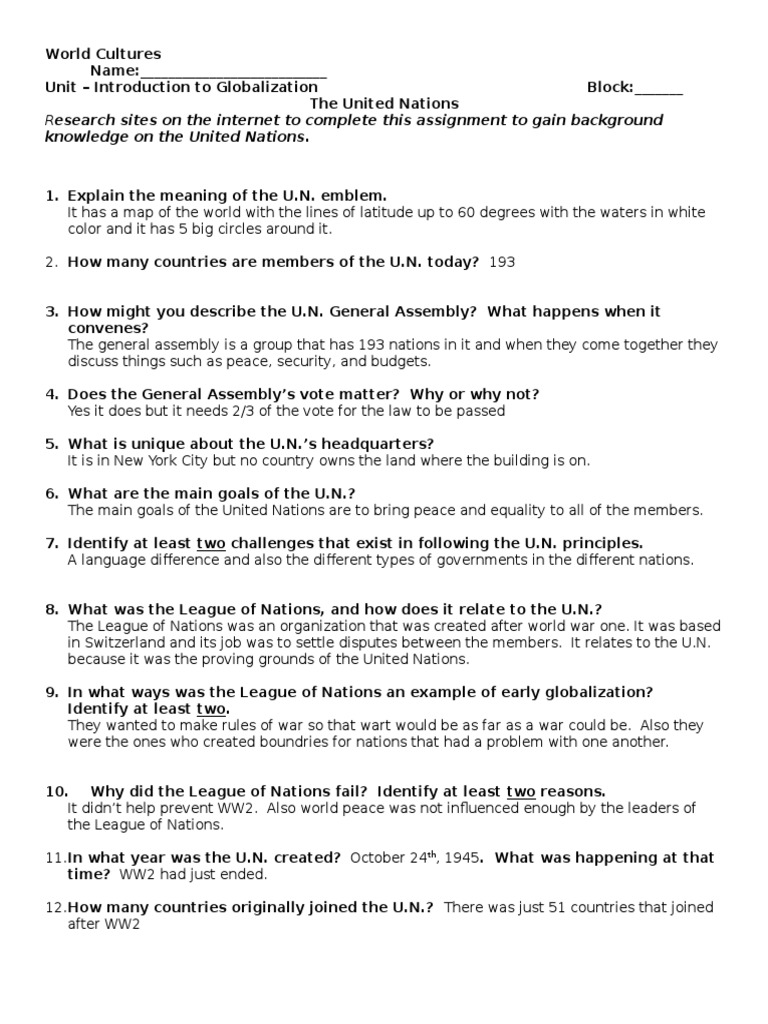 United Nations Worksheet | PDF | United Nations General Assembly ...