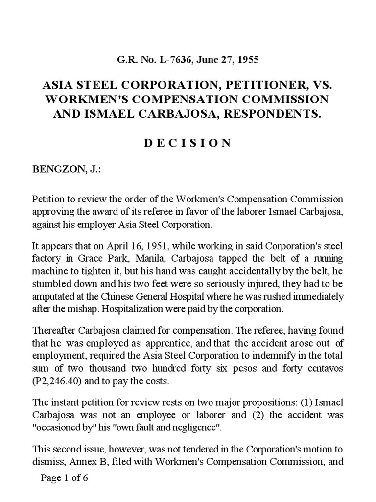 Asia Steel Vs WCC | PDF | Workers' Compensation | Law Of Agency
