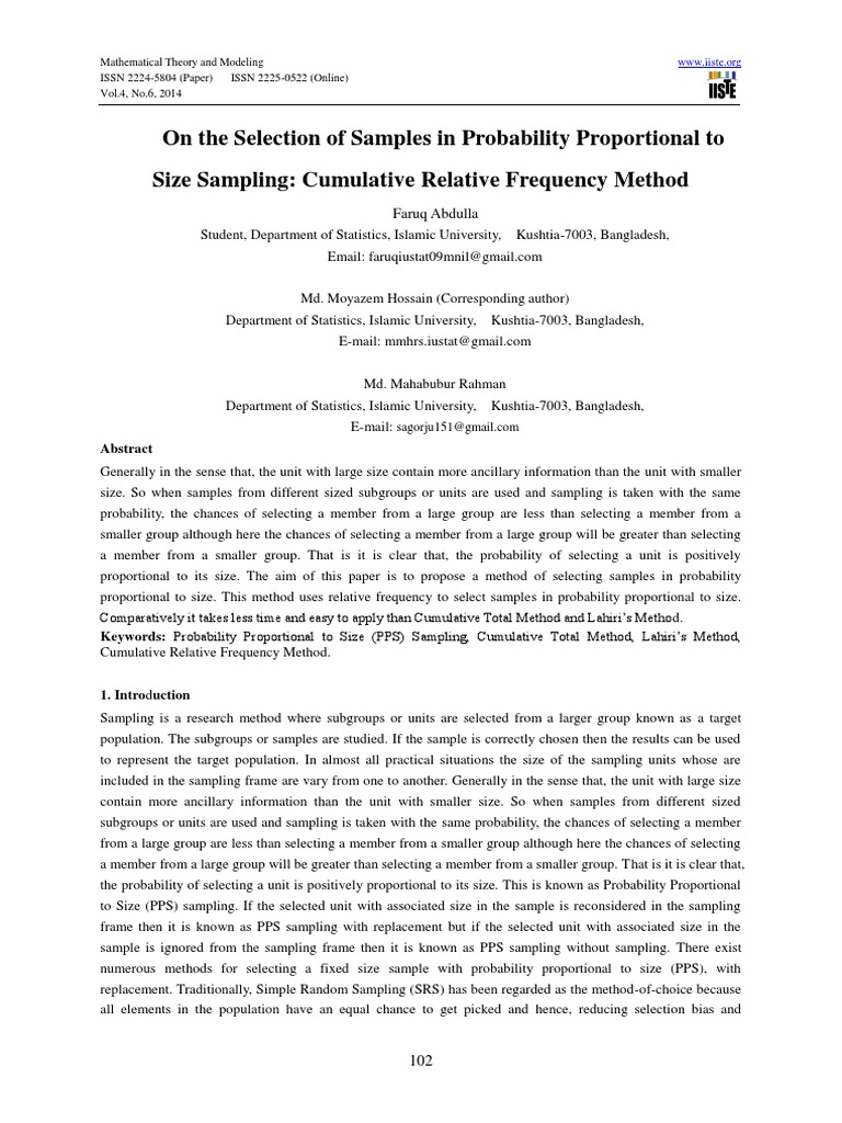 On The Selection of Samples in Probability Proportional To Size ...