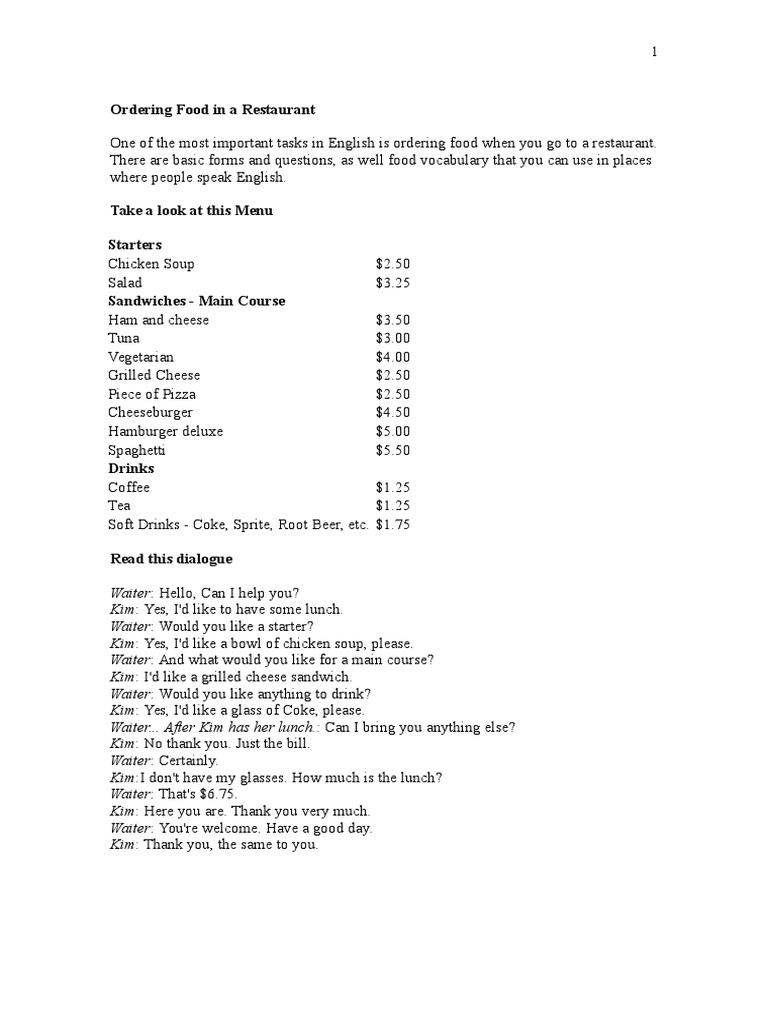 Ordering Food in A Restaurant | PDF | Lunch | Drink