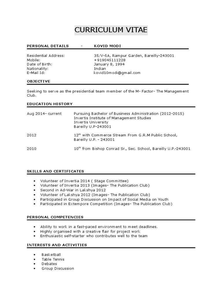 Curriculum Vitae: Personal Details - Kovid Modi | PDF