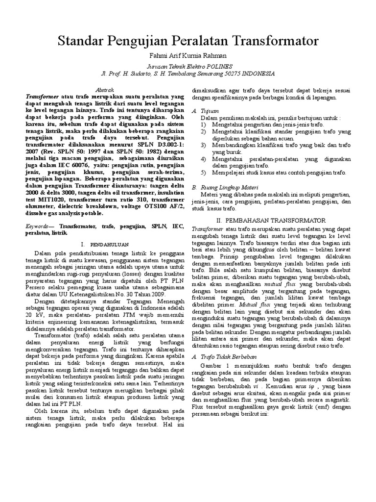 Makalah Standar Pengujian Transformator | PDF