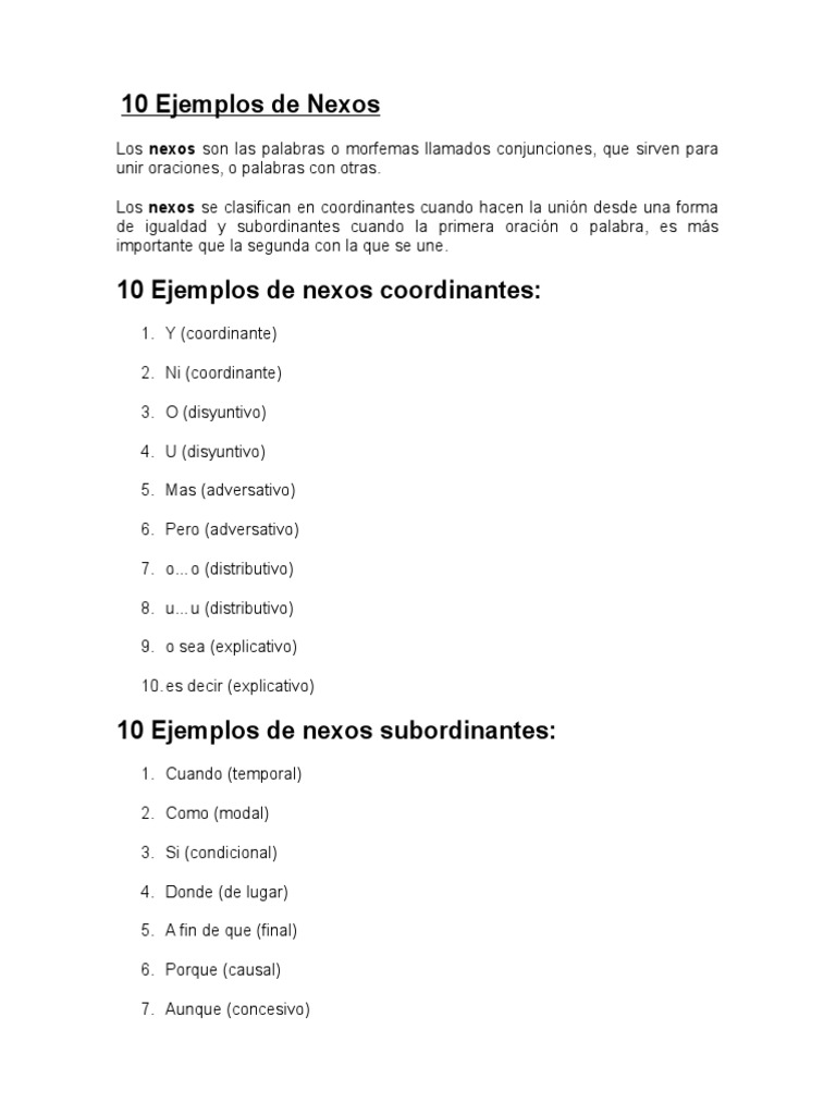 10 Ejemplos de Nexos | PDF | Mecánica del lenguaje | Lingüística