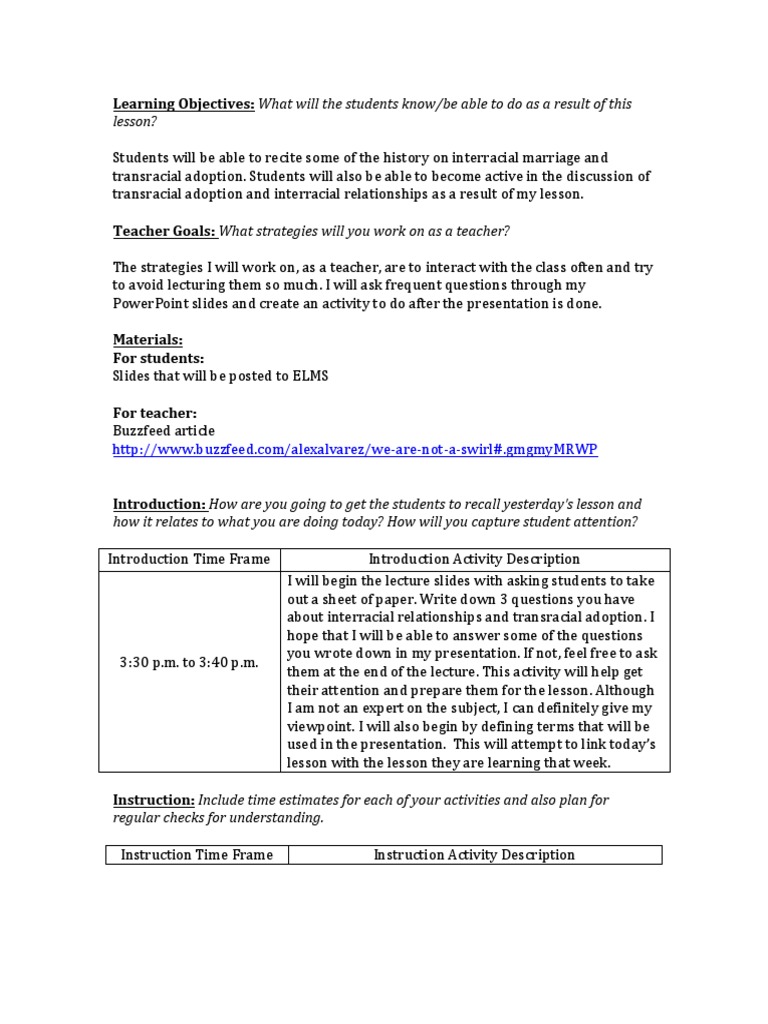 Lesson Plan 1 | PDF | Interracial Adoption | Lesson Plan