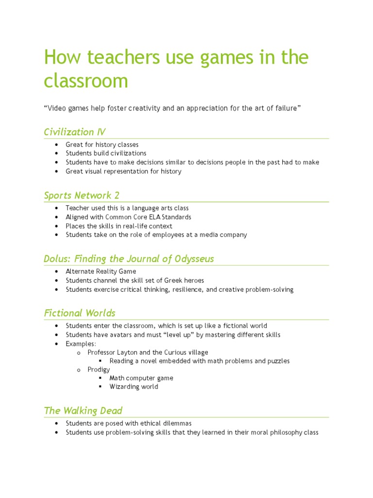 Games Handout | PDF | Video Games | Teaching