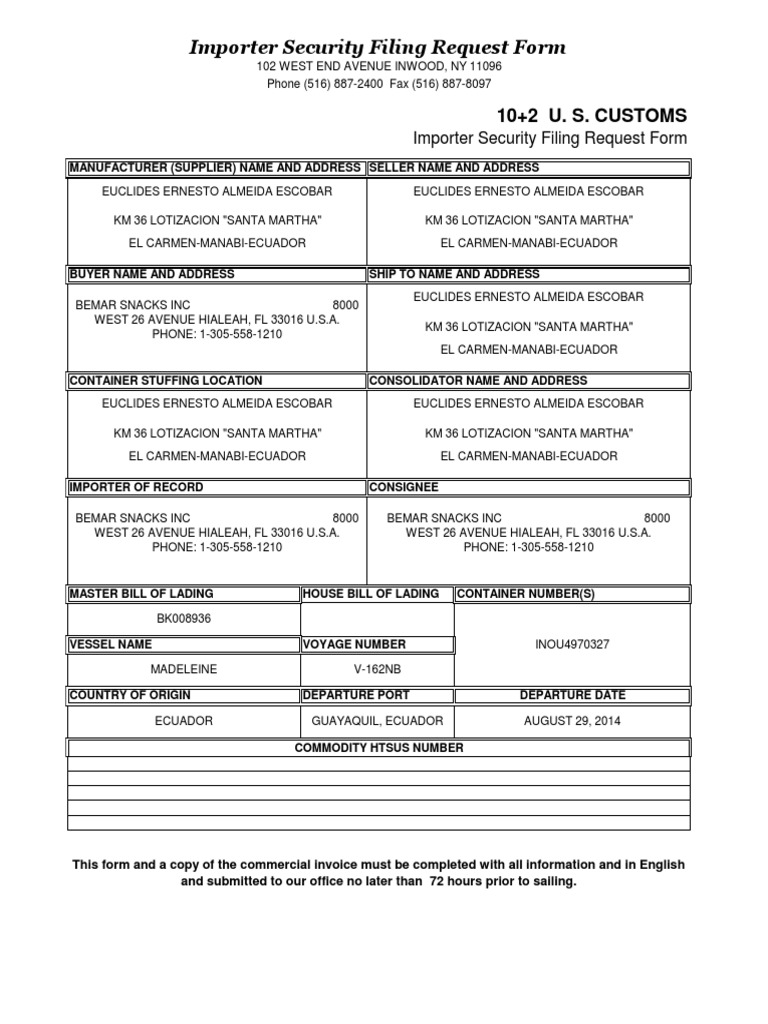 Importer Security Filing Request Form: 10+2 U. S. Customs | PDF