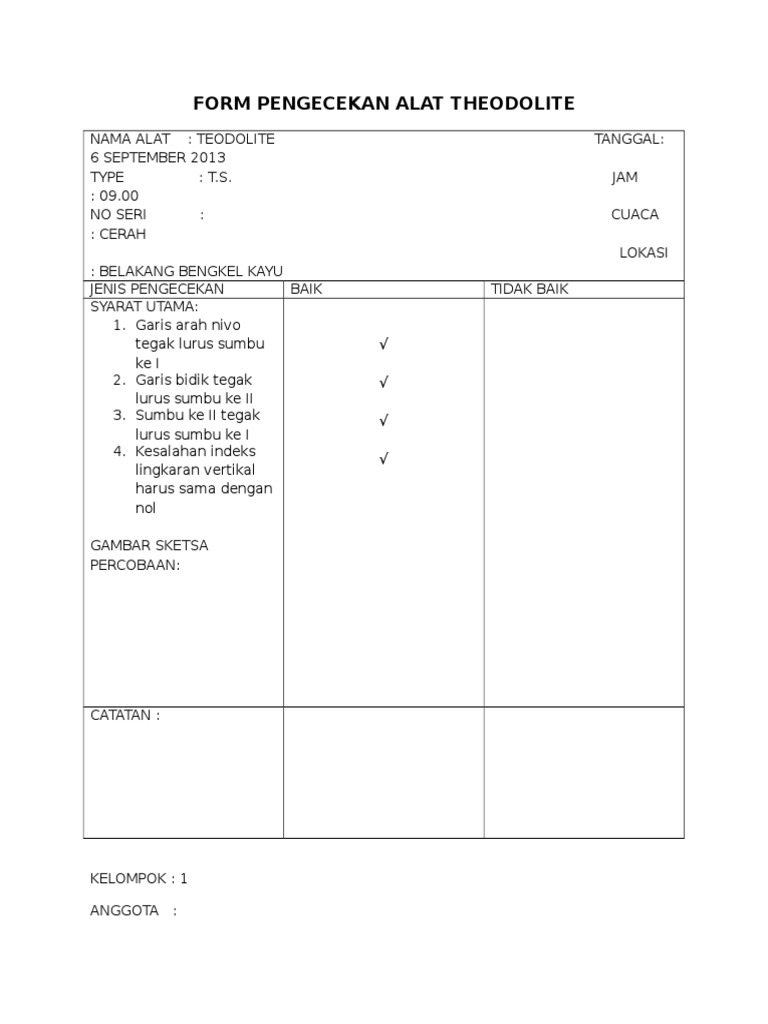 Contoh Form Pengecekan Alat Theodotite | PDF