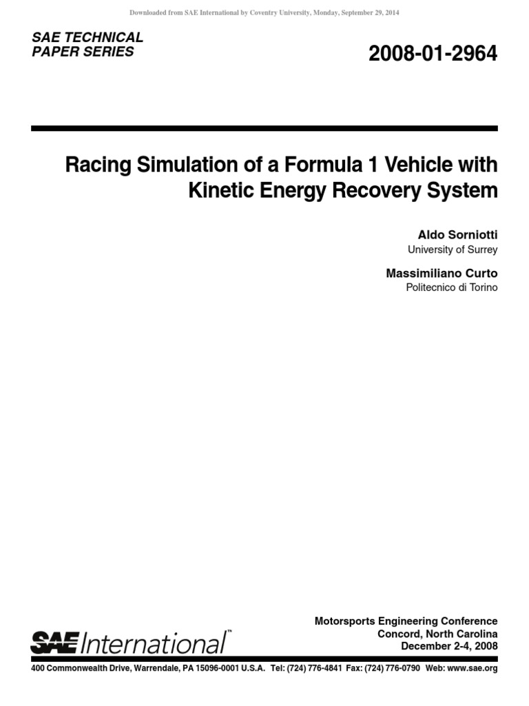 Racing Simulation of A Formula 1 Vehicle With Kinetic Energy Recovery ...