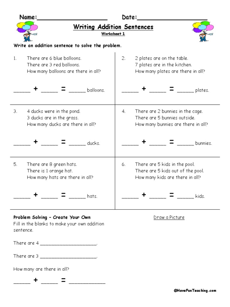 Writing Addition Sentences: Worksheet 1 | PDF | Food And Drink | Leisure