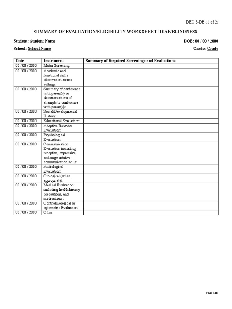 Summary of Evaluation/Eligibility Worksheet-Deaf/Blindness | PDF ...