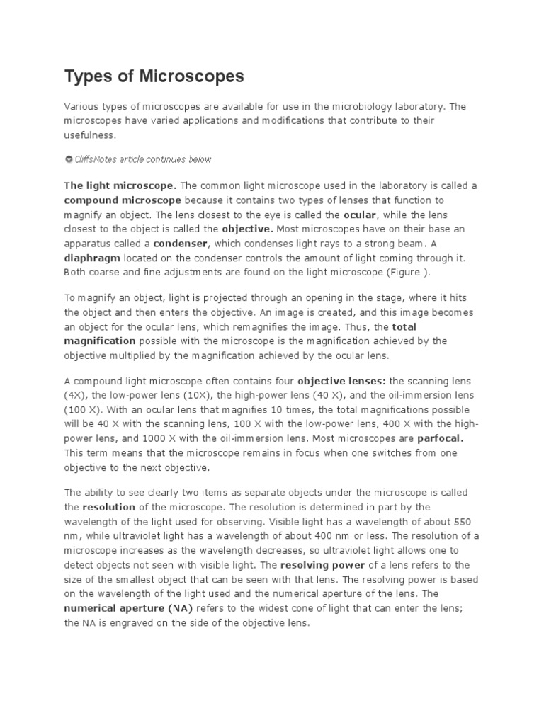 Types of Microscopes | PDF | Electron Microscope | Angular Resolution