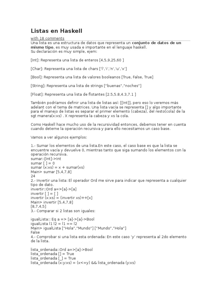 Listas en Haskell: Ejemplos y Funciones | PDF | Cola (tipo de datos abstractos) | Modelos de ...