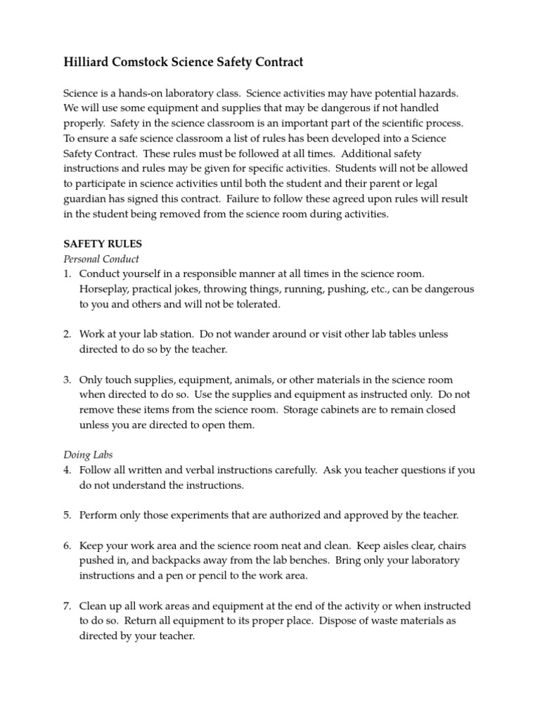 Science Safety Contract for Class 1 | PDF | Laboratories | Nature