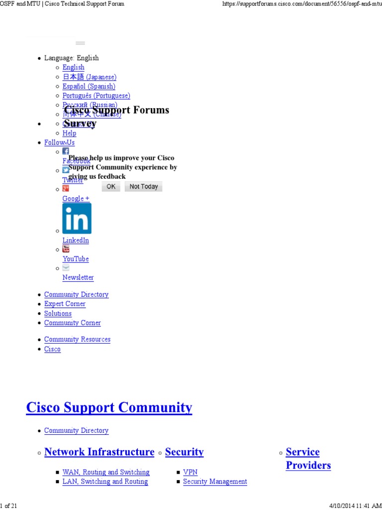 OSPF and MTU - Cisco Technical Support Forum | PDF | Internet Protocols ...