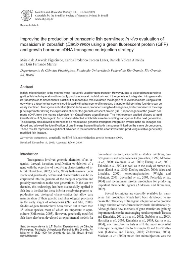 Improving the production of transgenic fish germlines: In vivo ...