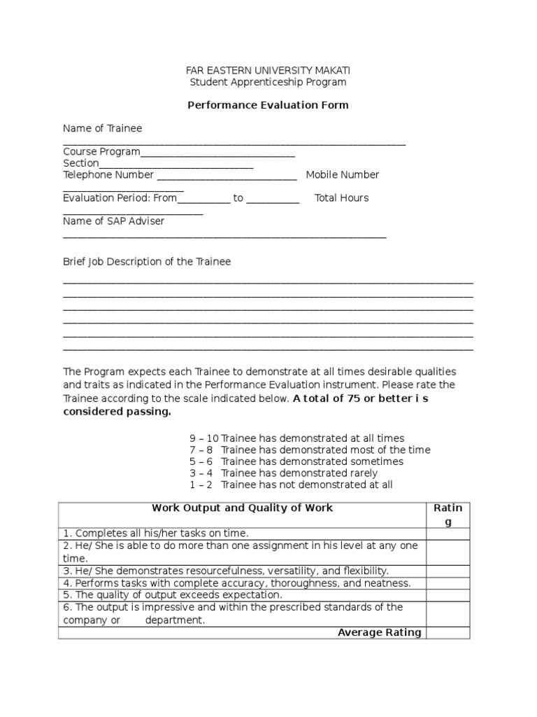 Performance Evaluation Form | PDF | Apprenticeship | Psychology