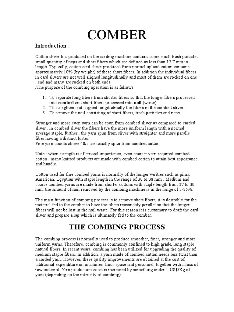 Comber: The Combing Process | PDF | Spinning (Textiles) | Yarn