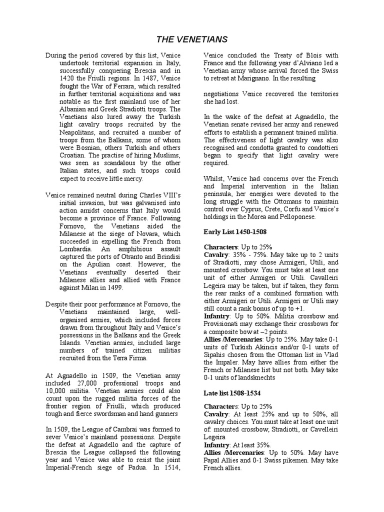 Venetian Military Forces Overview | PDF | Republic Of Venice | Spear