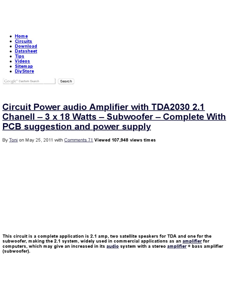 Circuit Power Audio Amplifier With TDA2030 2.1 Chanell - 3 X 18 Watts - Subwoofer - Complete ...