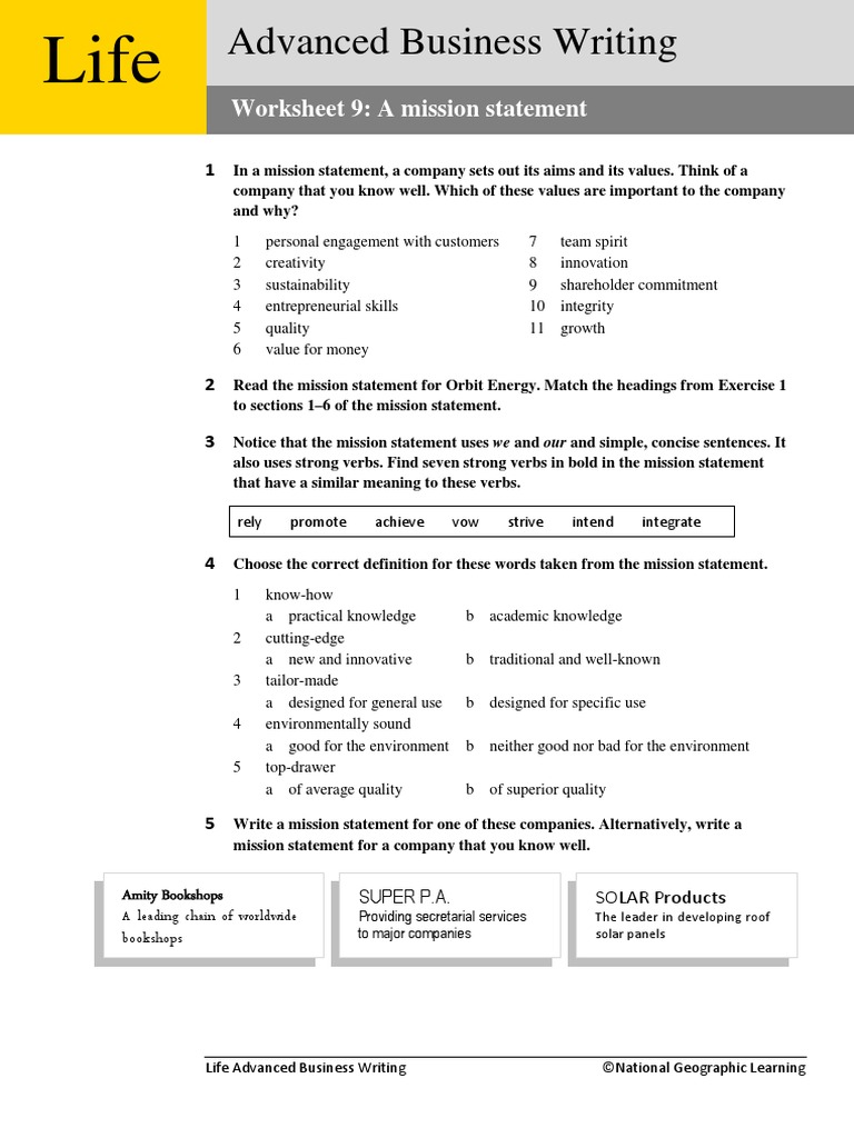 Advanced Business Writing: Worksheet 9: A Mission Statement | PDF ...
