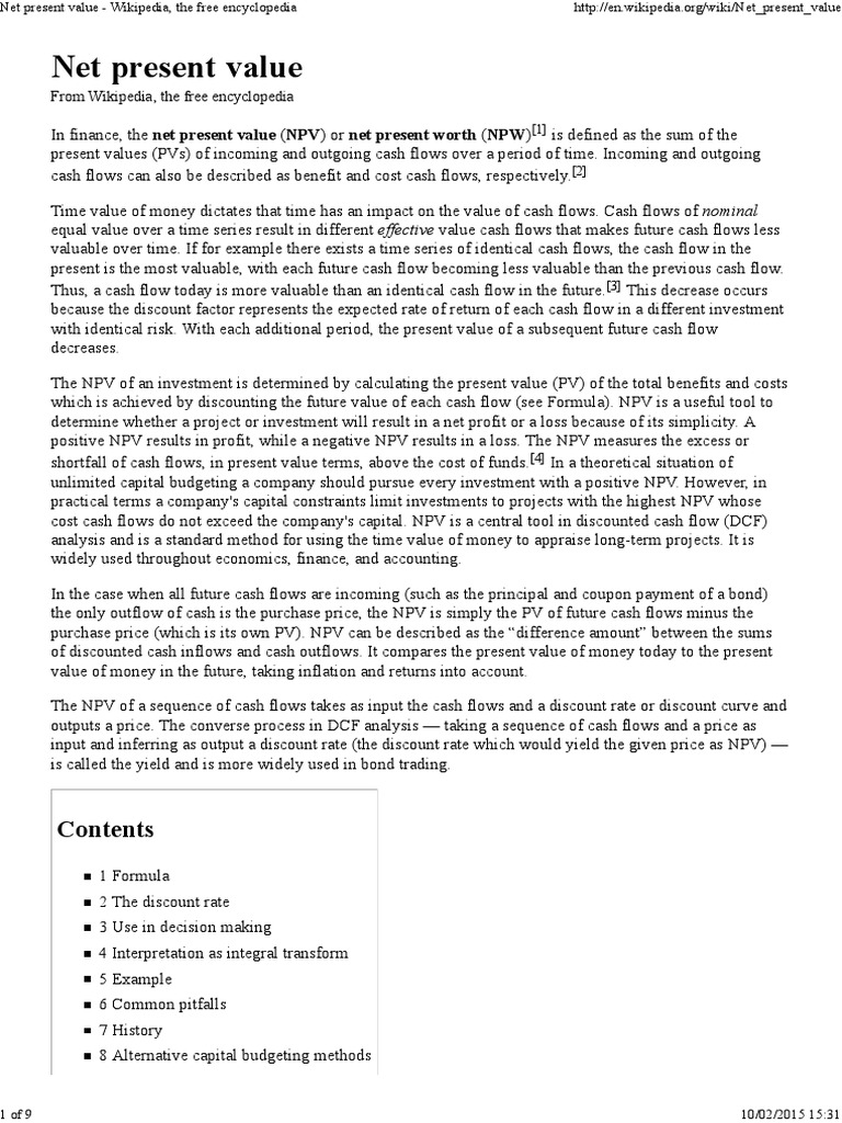 Net Present Value - Wikipedia, The Free Encyclopedia | PDF | Net ...